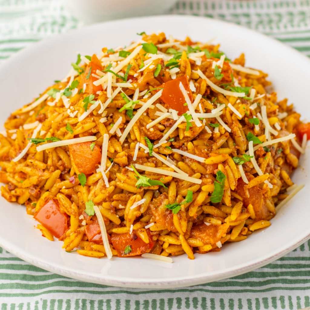 Cheesy Tomato Chorizo Orzo - JCP Eats